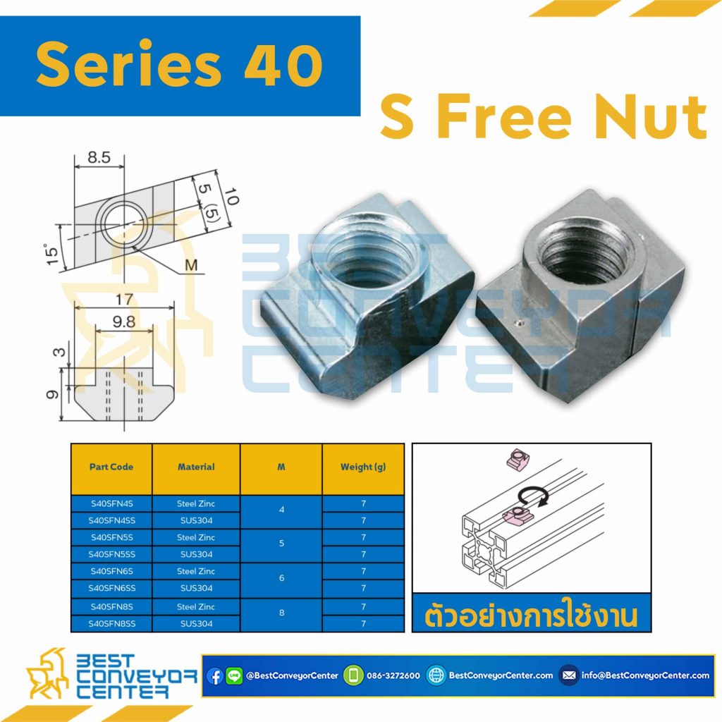 S FREE NUT L : Series 40 SUS304 M4 : S40SFN4SS - Best Conveyor Center