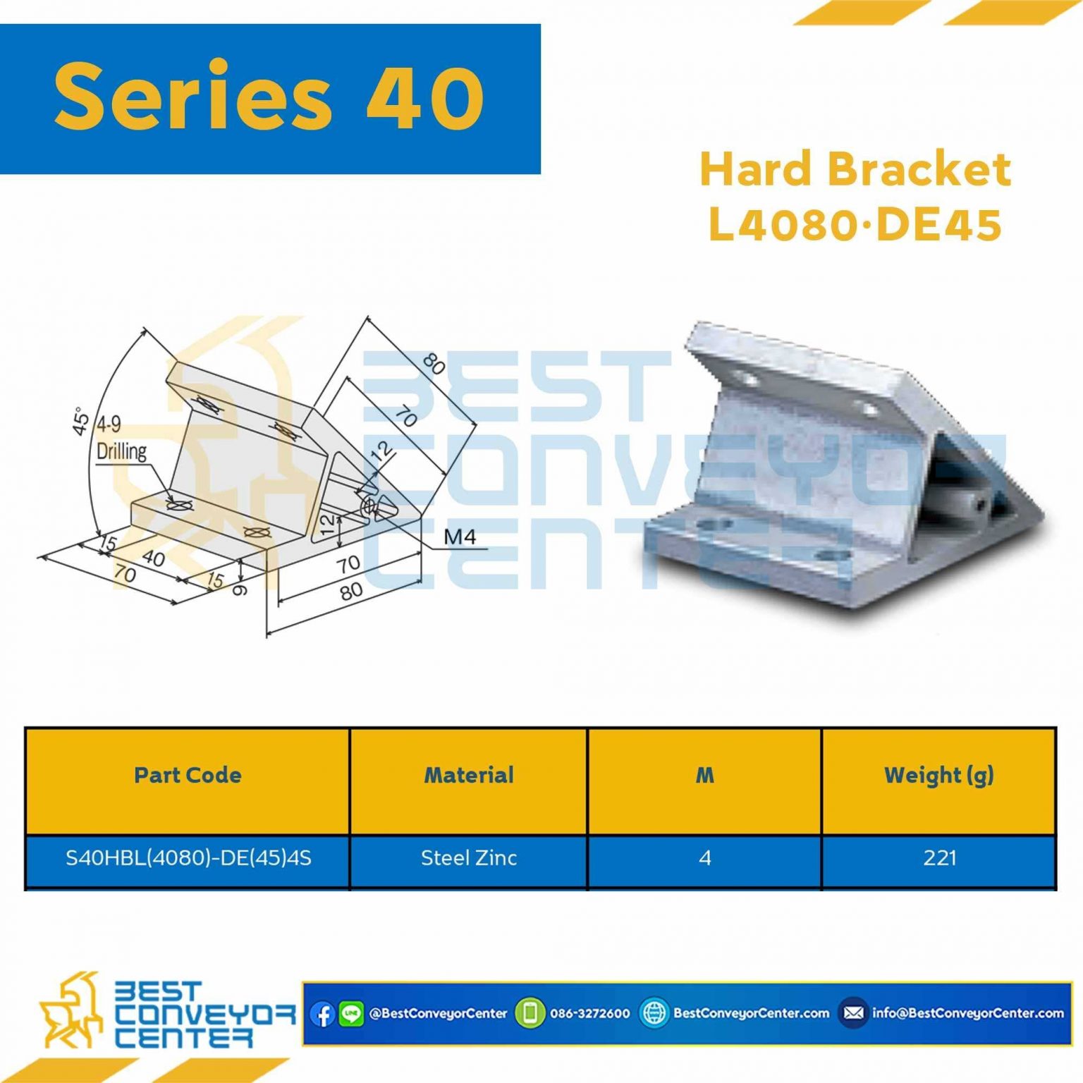 HARD BRACKET L4080∙DE45 : Series 40 Steel Zinc M4 : S40HB-L4080-DE45-4S - Best Conveyor Center