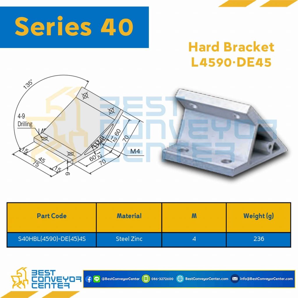 HARD BRACKET L4590∙DE45 : Series 40 Steel Zinc M4 : S40HB-L4590-DE45-4S - Best Conveyor Center