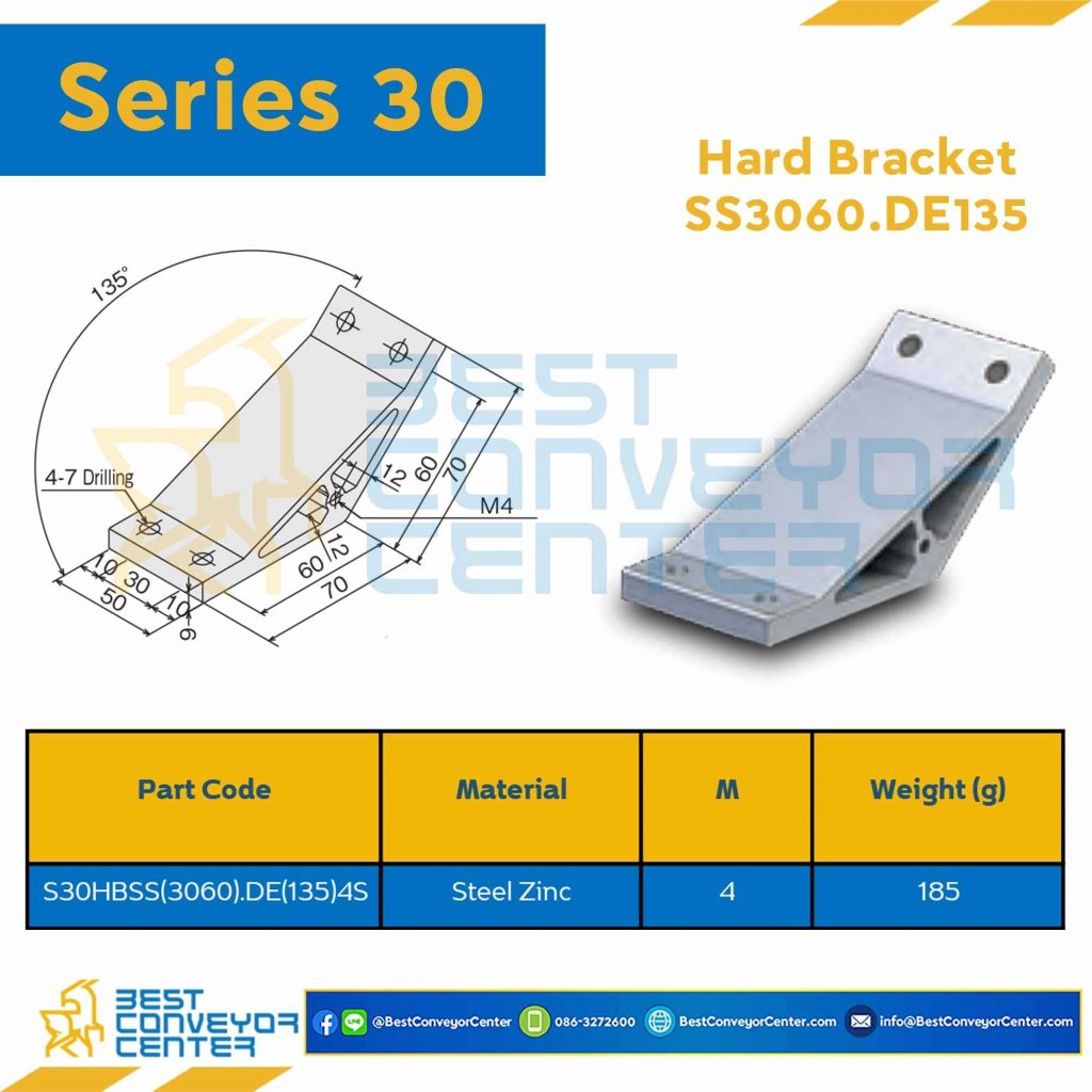HARD BRACKET SS3060.DE135 : Series 30 Steel Zinc M4 : S30HB-SS3060-DE135-4S - Best Conveyor Center