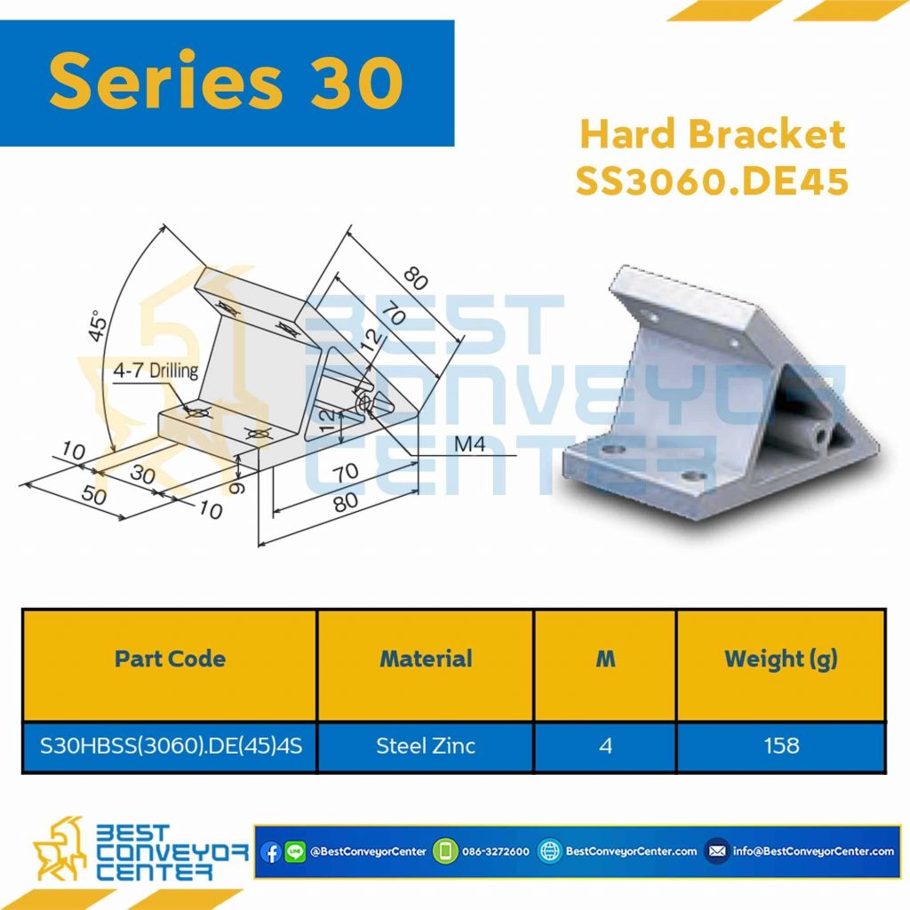 HARD BRACKET SS3060.DE45 : Series 30 Steel Zinc M4 : S30HB-SS3060-DE45-4S - Best Conveyor Center