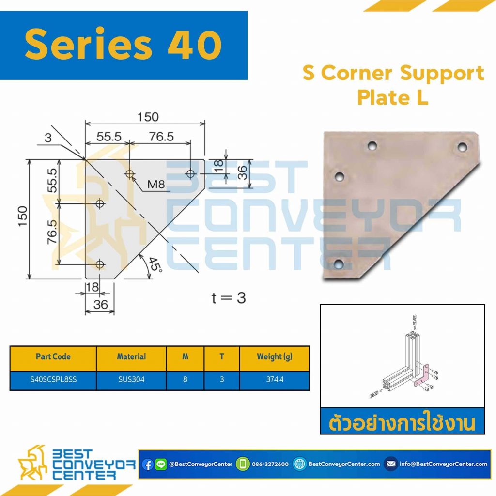 S CORNER SUPPORT PLATE L : Series 40 SUS304 M8 : S40-SCSPL-8SS - Best ...