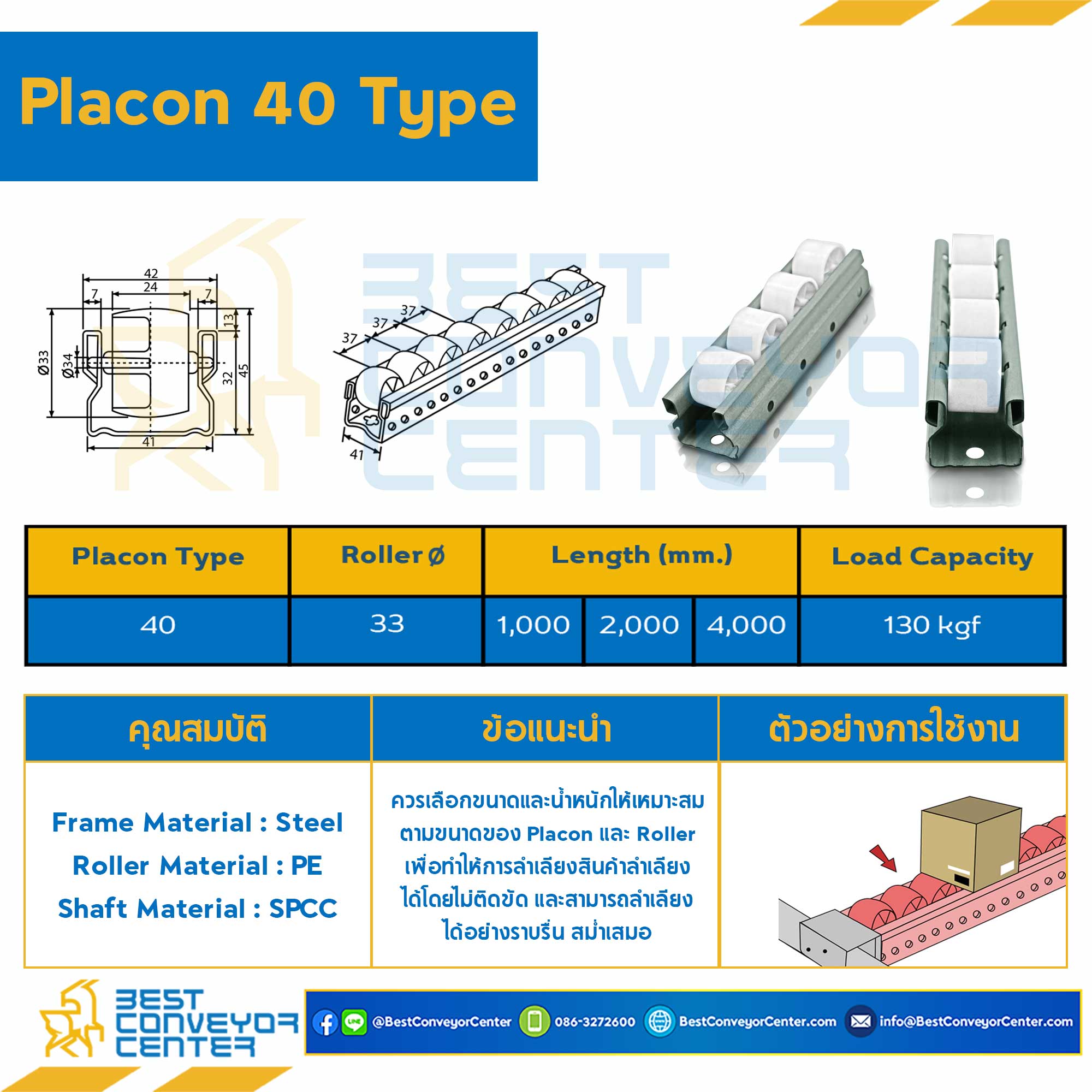 Placon Roller Type 40-L4000 mm. : PRT40x4000 - BestConveyorCenter