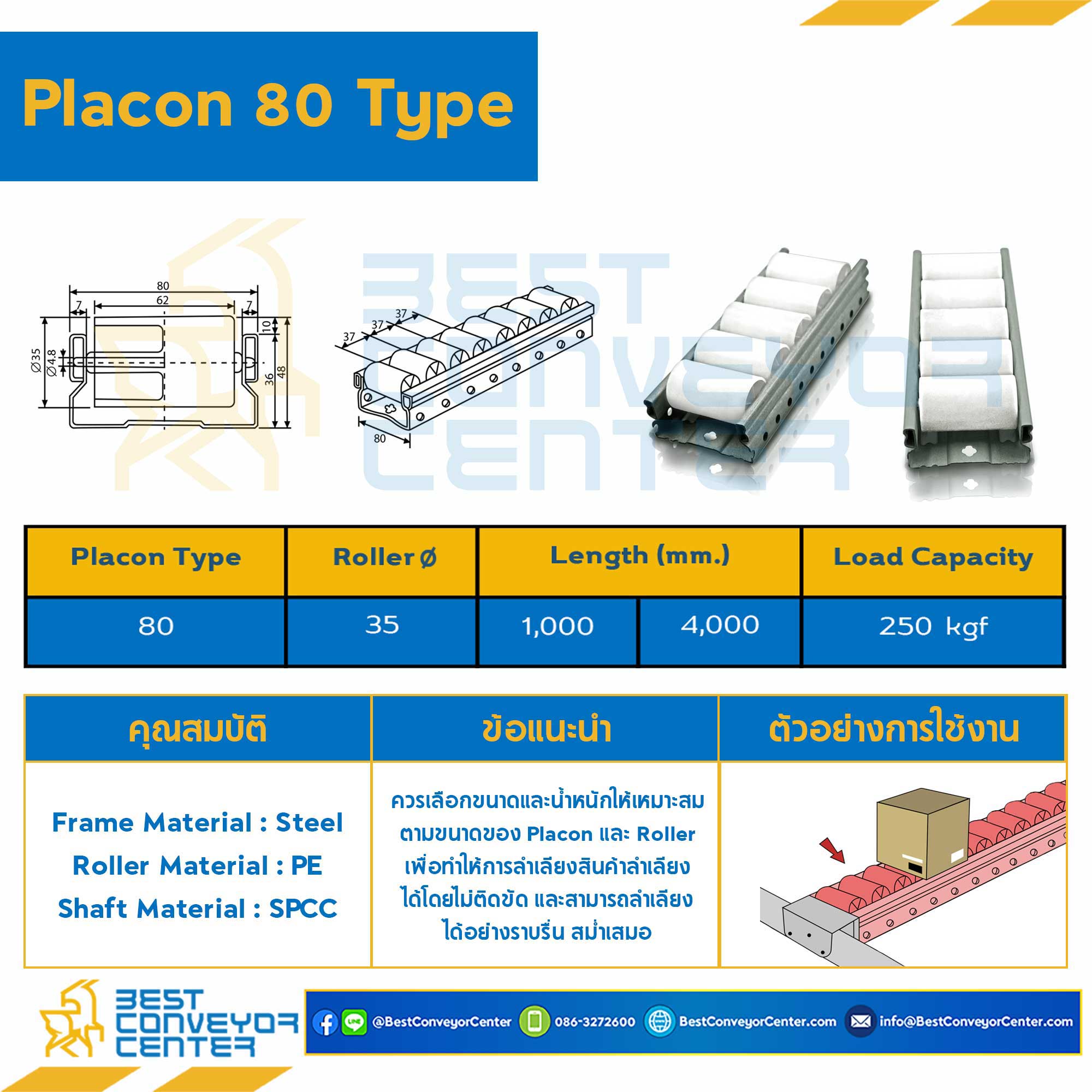 Placon Roller Type 80-L4000 mm. : PRT80x4000 - BestConveyorCenter