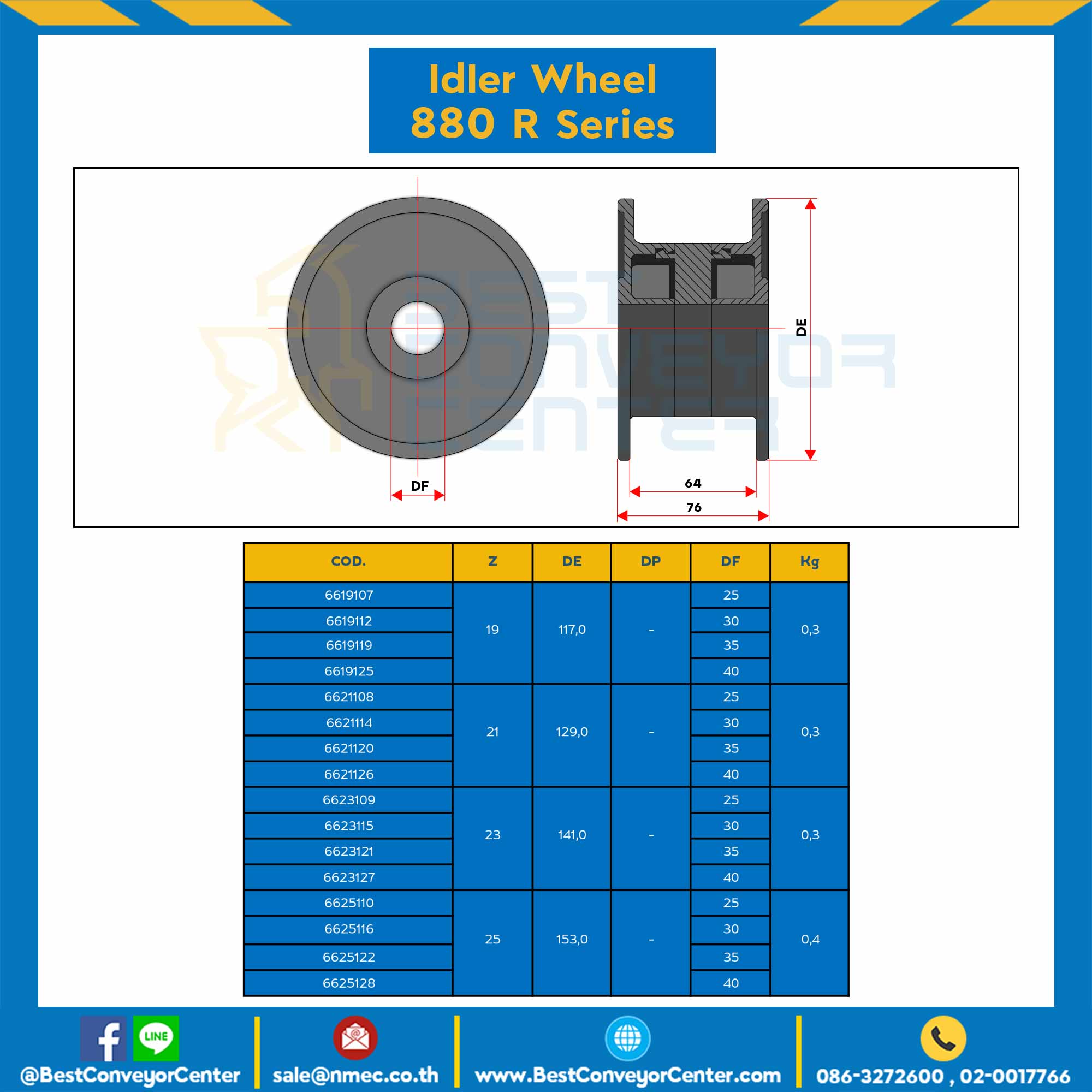 Idler for 25Z, BORE 35 MM., FOR CHAIN 880 R : 6625122-880 R ...