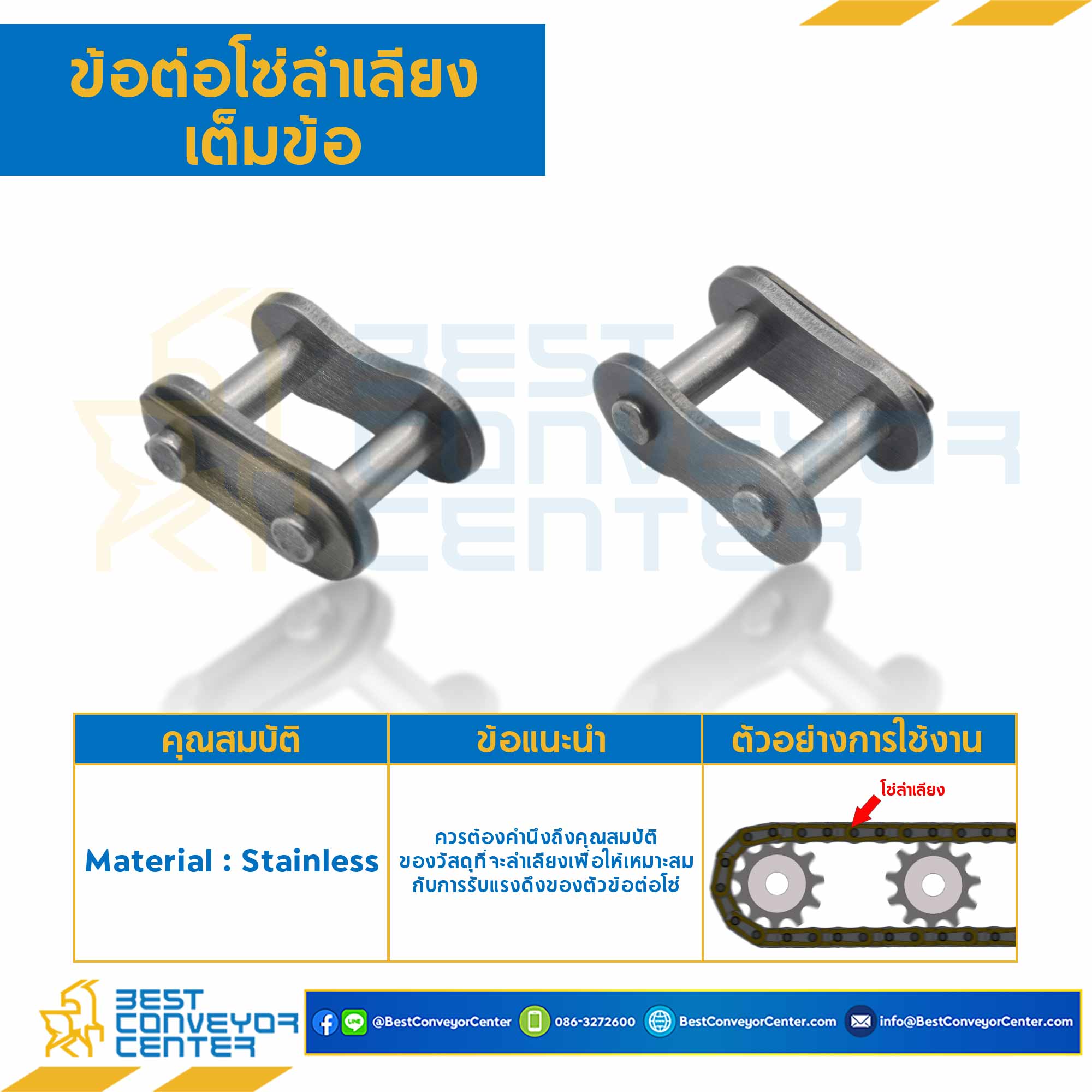 ข้อต่อโซ่ลำเลียงสแตนเลสเต็มข้อ C2060SS : CL-C2060HSS - Best Conveyor Center