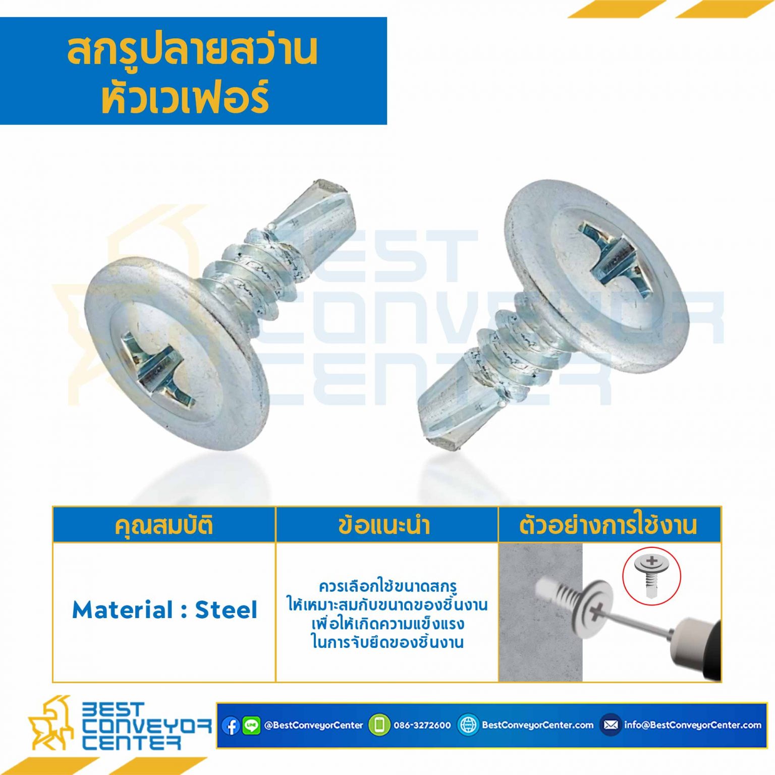 สกรูปลายสว่านหัวเวเฟอร์ ชุบขาว ขนาด #8-18x1" mm. : HSWD#8-18L25.4 ...