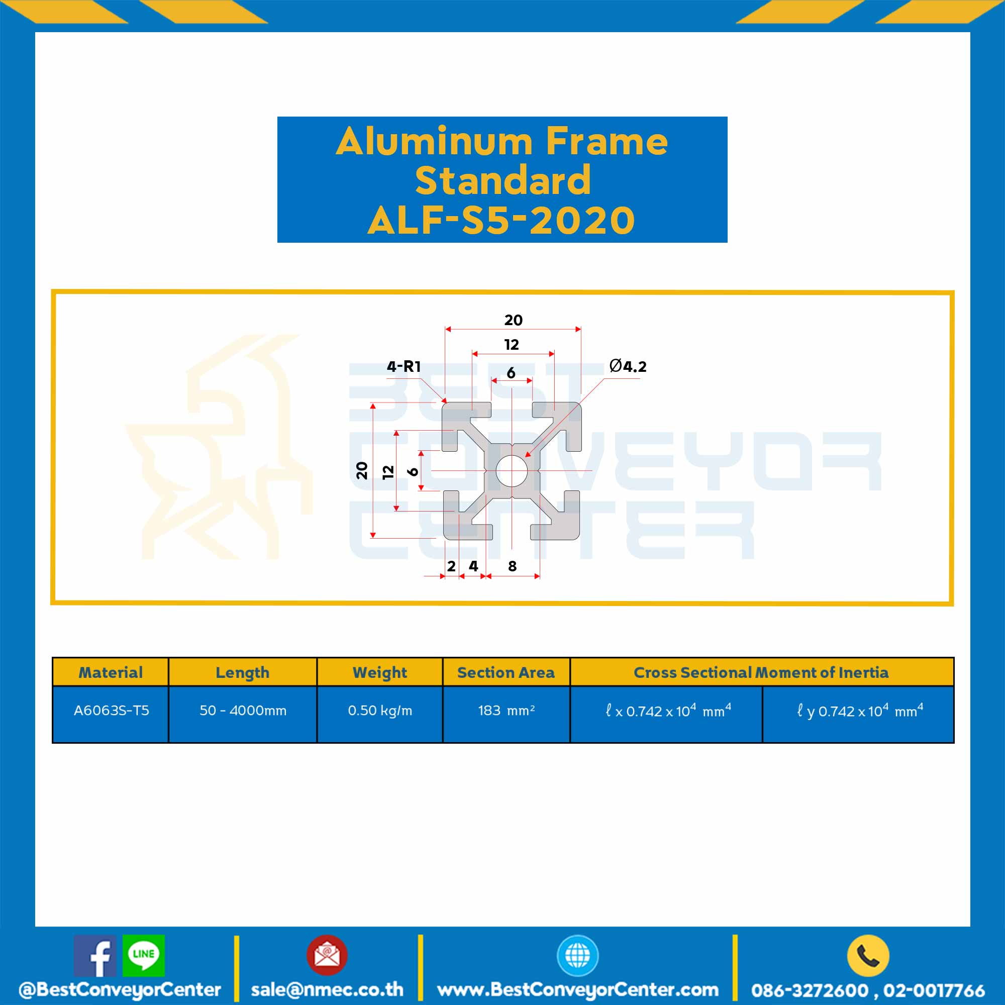 Aluminum Frame 5 Series Slot width 6 20x20 mm. L2600 mm. : ALF-S5-2020 ...