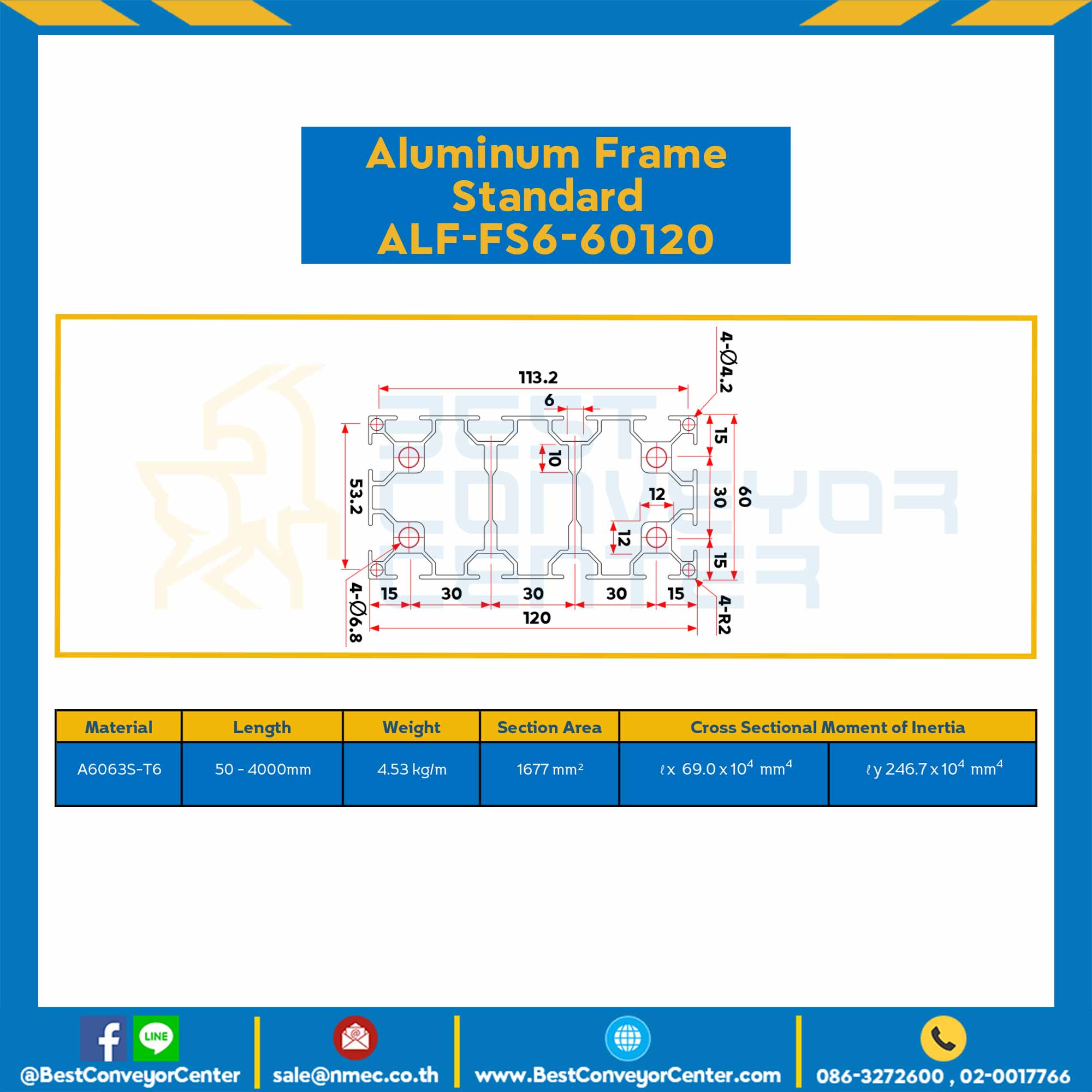 Aluminum Frame 6 Series Slot width 8 60x120 mm. L1500 mm. Clear Anodize ...