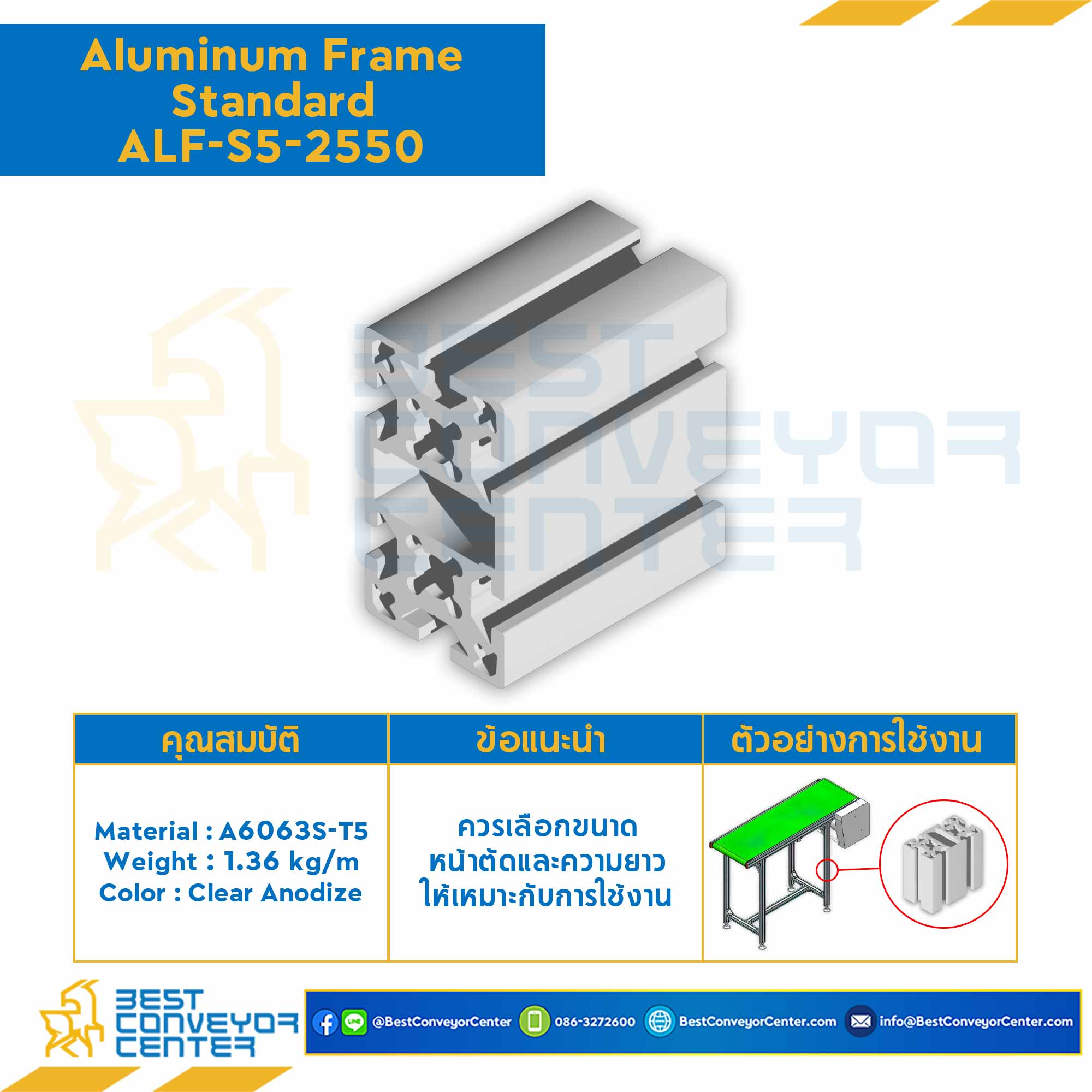 Aluminum Frame 5 Series Slot width 6 25x50 mm. L2250 mm. Clear Anodize ...
