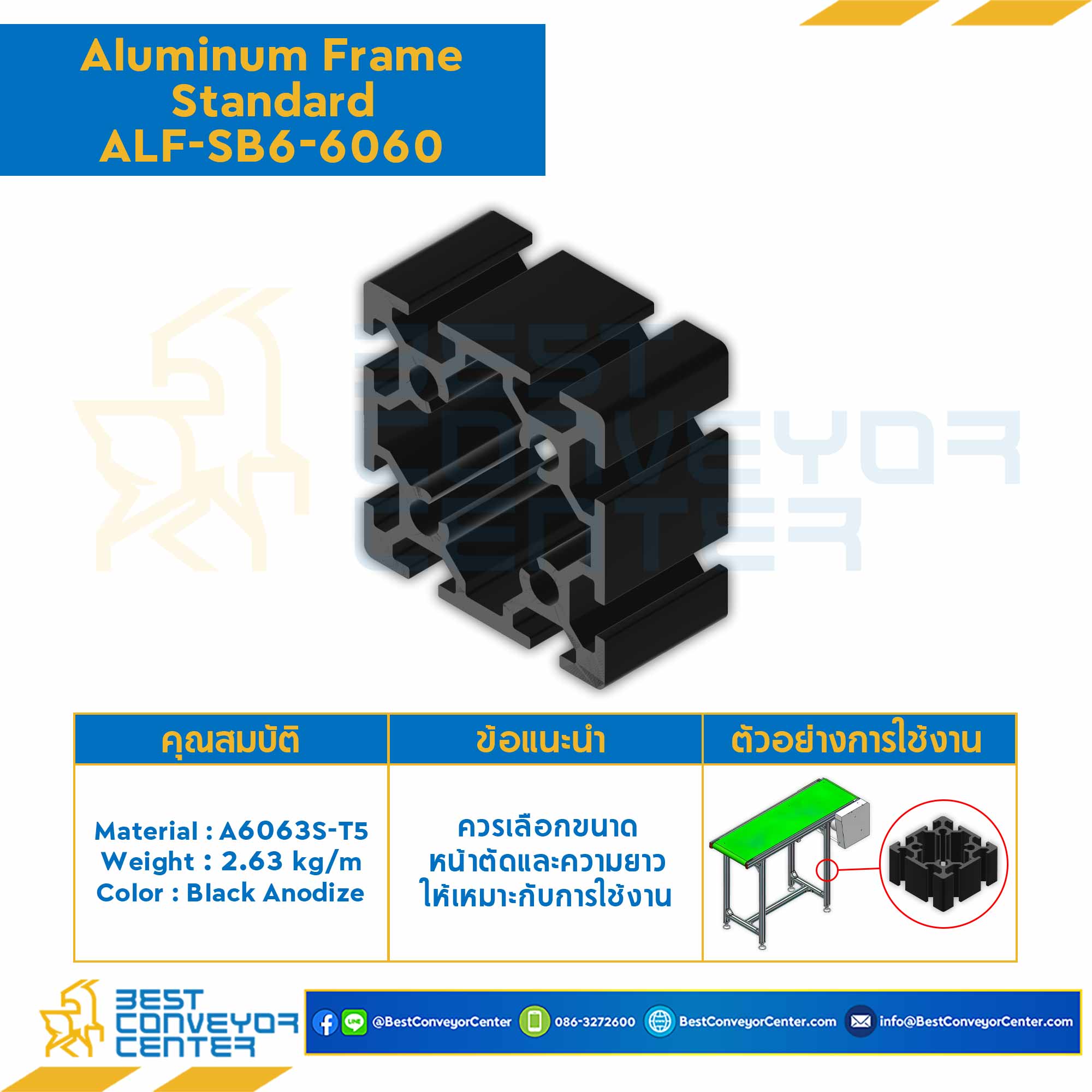 Aluminum Frame 6 Series Slot width 8 60x60 mm. L2300 mm. (Black Anodize ...