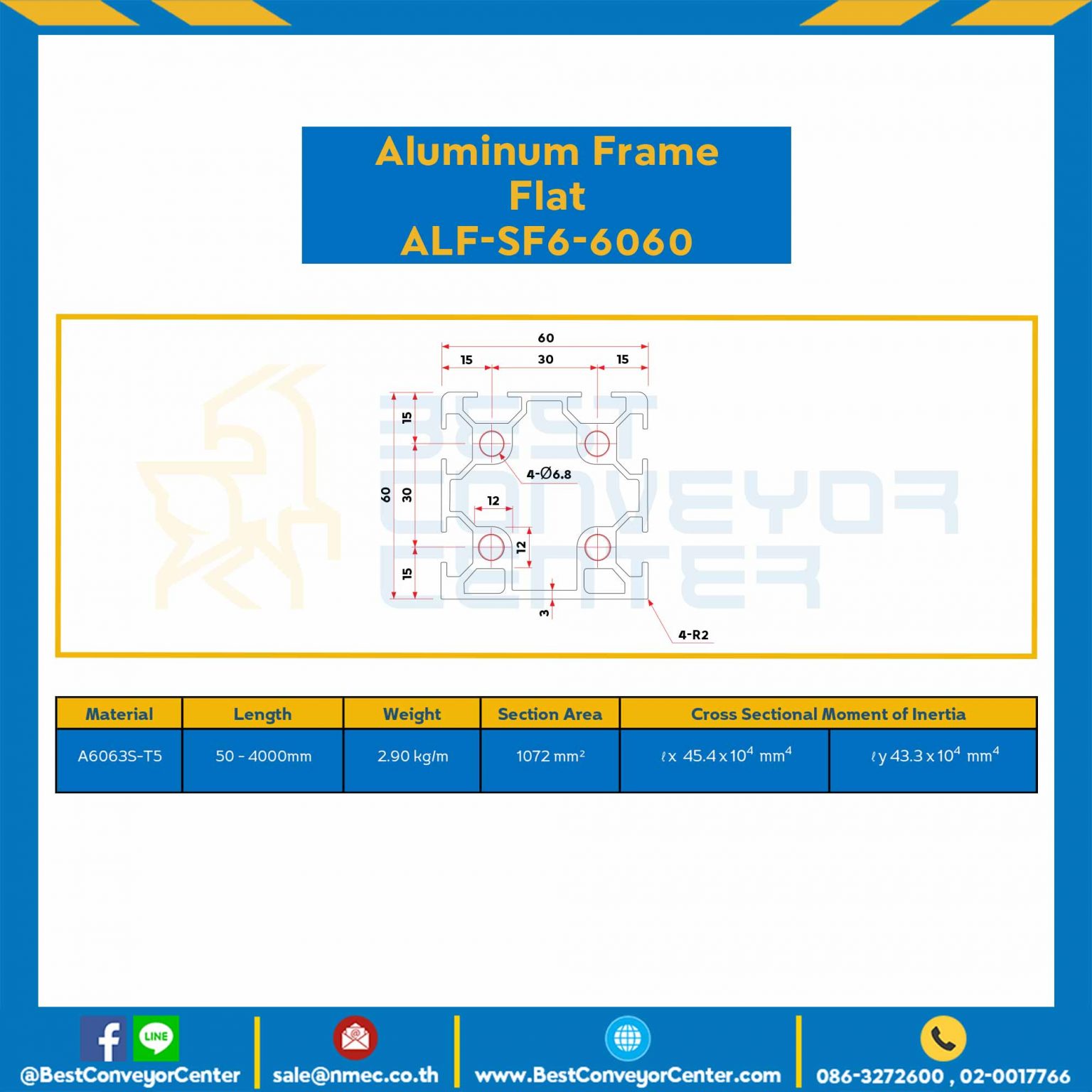 Aluminum Frame 6 Series Slot width 8 60x60 mm. L1000 mm. Clear Anodize ...