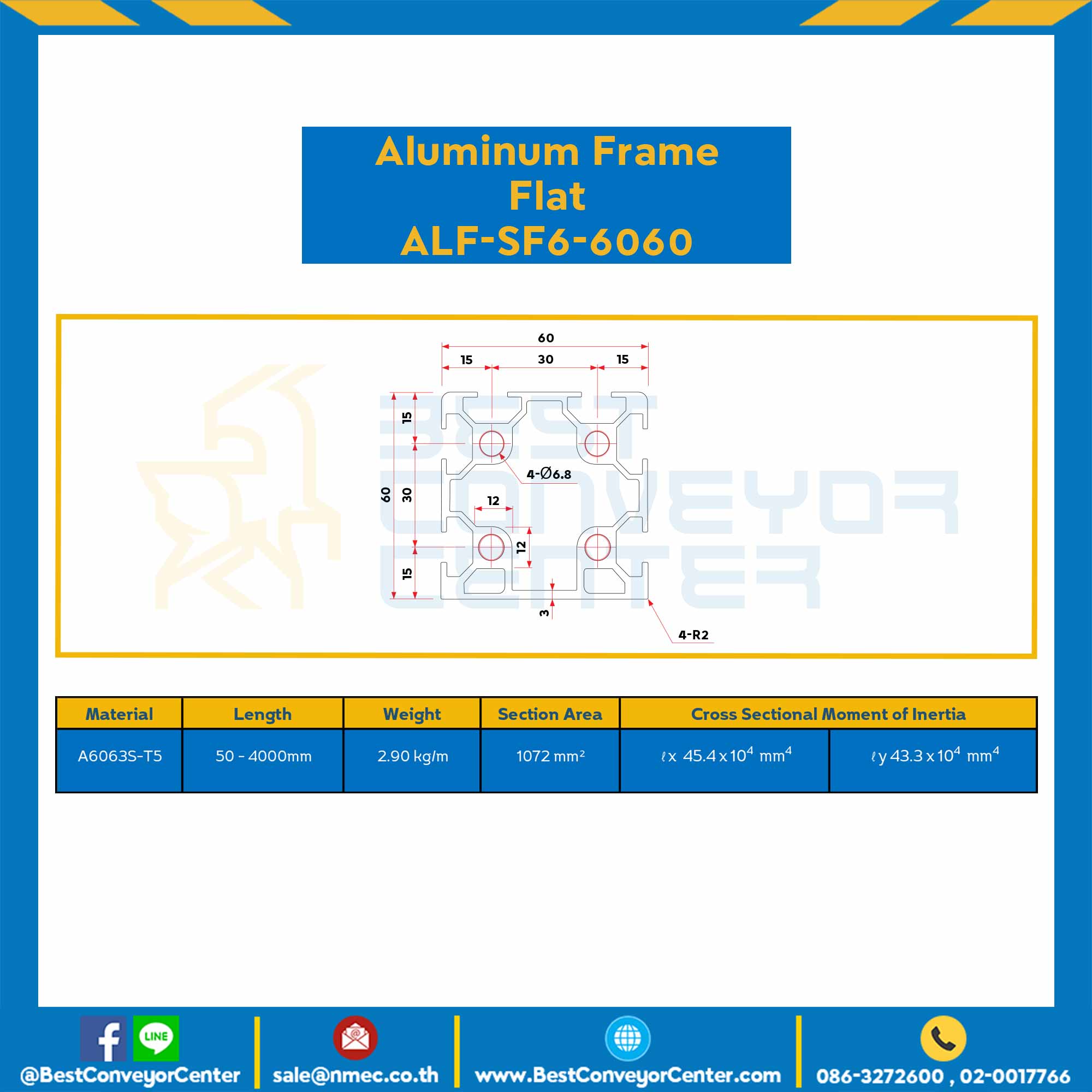 Aluminum Frame 6 Series Slot width 8 60x60 mm. L2350 mm. Clear Anodize ...