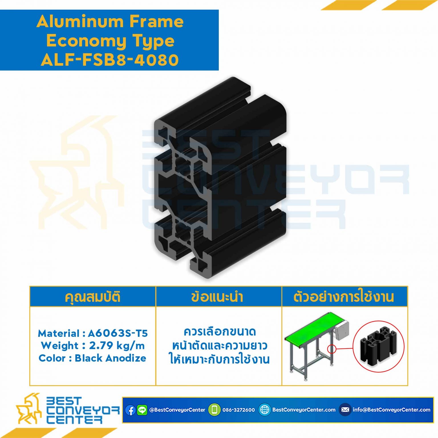 Aluminum Frame 8 Series Slot width 10 40x80 mm. L300 mm. Black Anodize ...