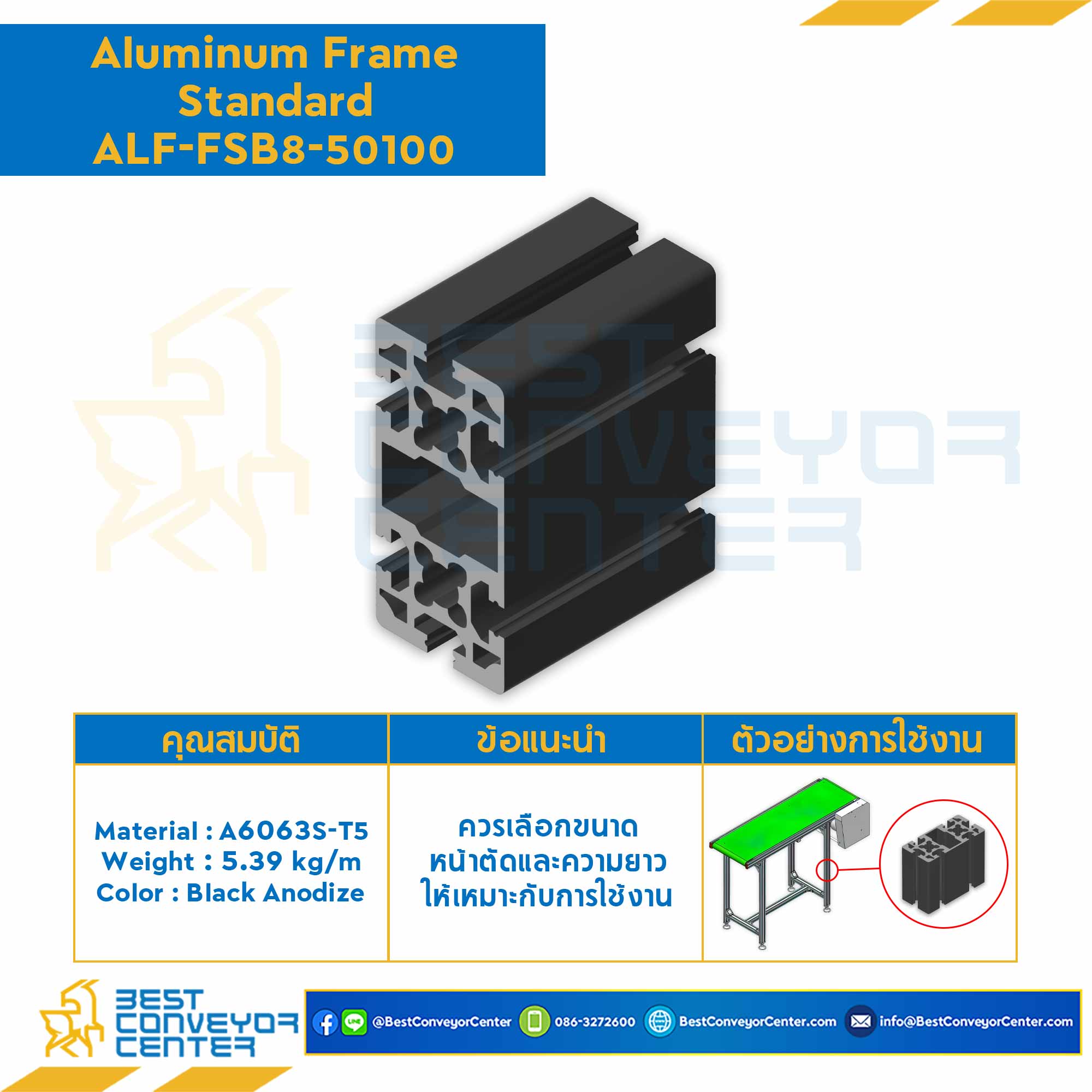 Aluminum Frame 8-45 Series Slot width 10 50x100 mm. L2500 mm. Black ...
