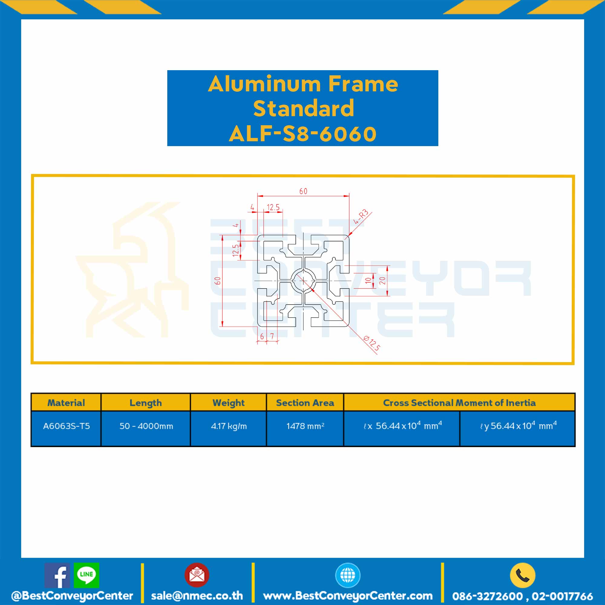 Aluminum Frame 8-45 Series Slot width 10 60x60 mm. L3250 mm. Clear ...