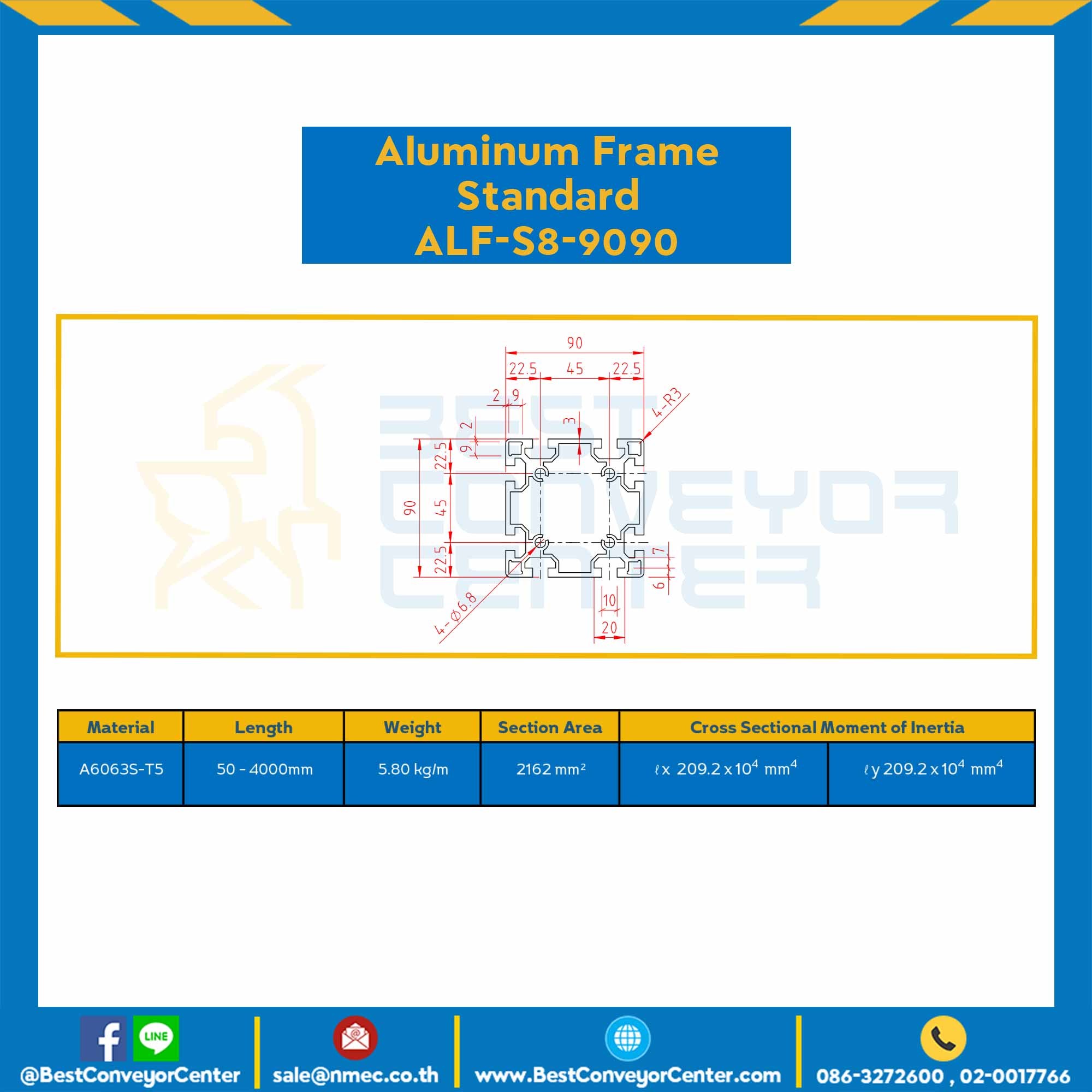 Aluminum Frame 8-45 Series Slot width 10 90x90 mm. L650 mm. Clear ...