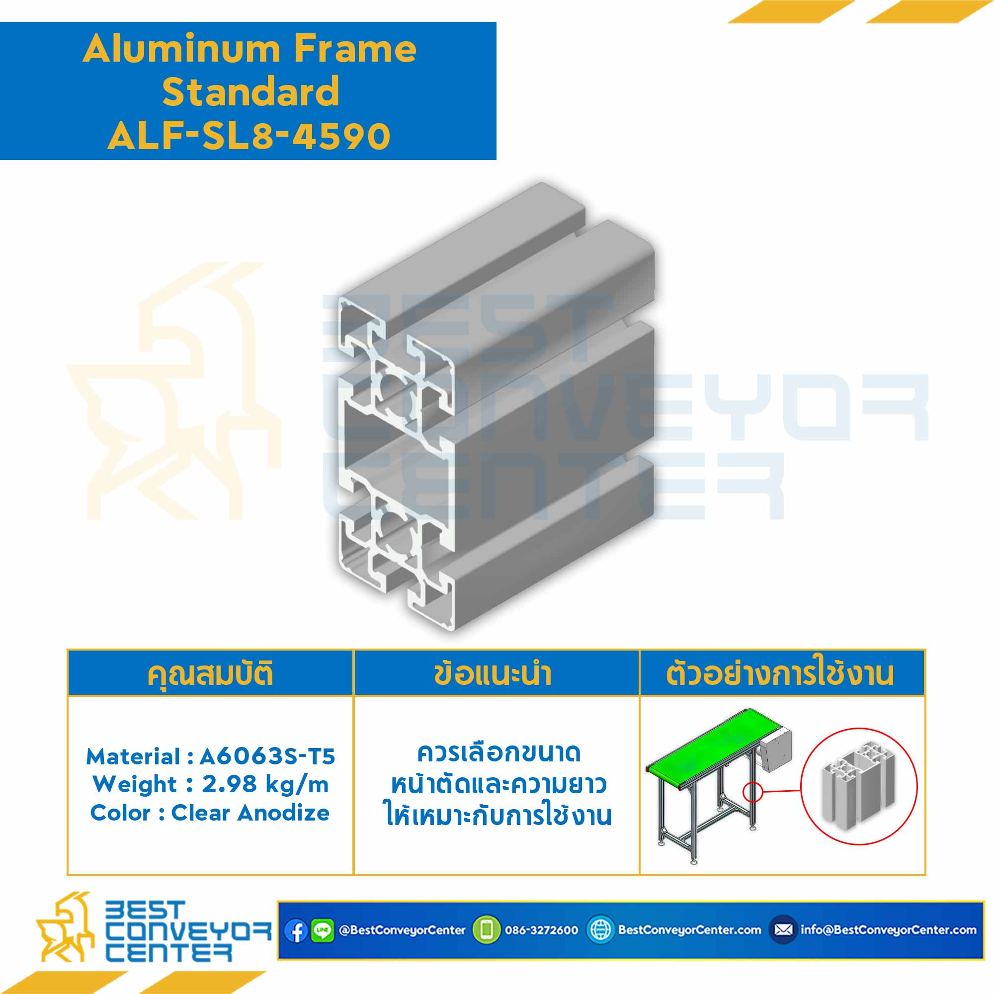 Aluminum Frame 8-45 Series Slot width 10 45x90 mm. L1000 mm. Clear ...