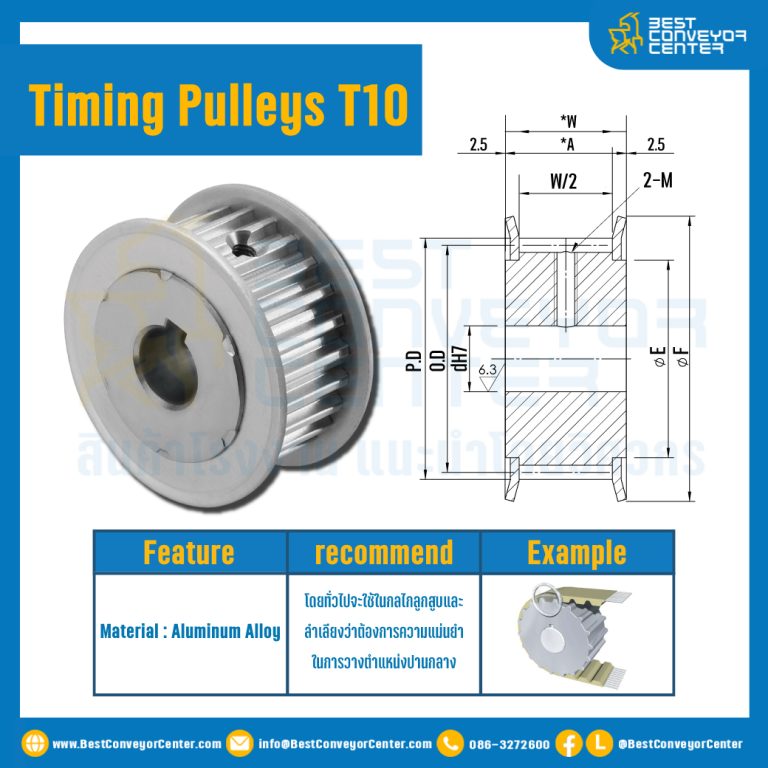 มู่เล่ย์ไทม์มิ่ง Pulley Timing T10 หน้ากว้าง 30 mm. 20 ฟัน (Keyway) : Pulley Timing T10-30-20TA ...