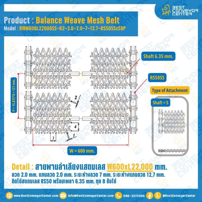 Balance Weave Mesh Belt สายพานลำเลียงแสตนเลส W600xL22,000 mm ...